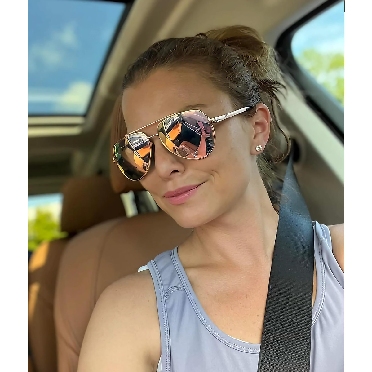 LUENX Women Aviator Sunglasses Polarized Shades Flexible Spring Hinge - Pink Mirror Lens Rose Gold Metal Frame 60mm