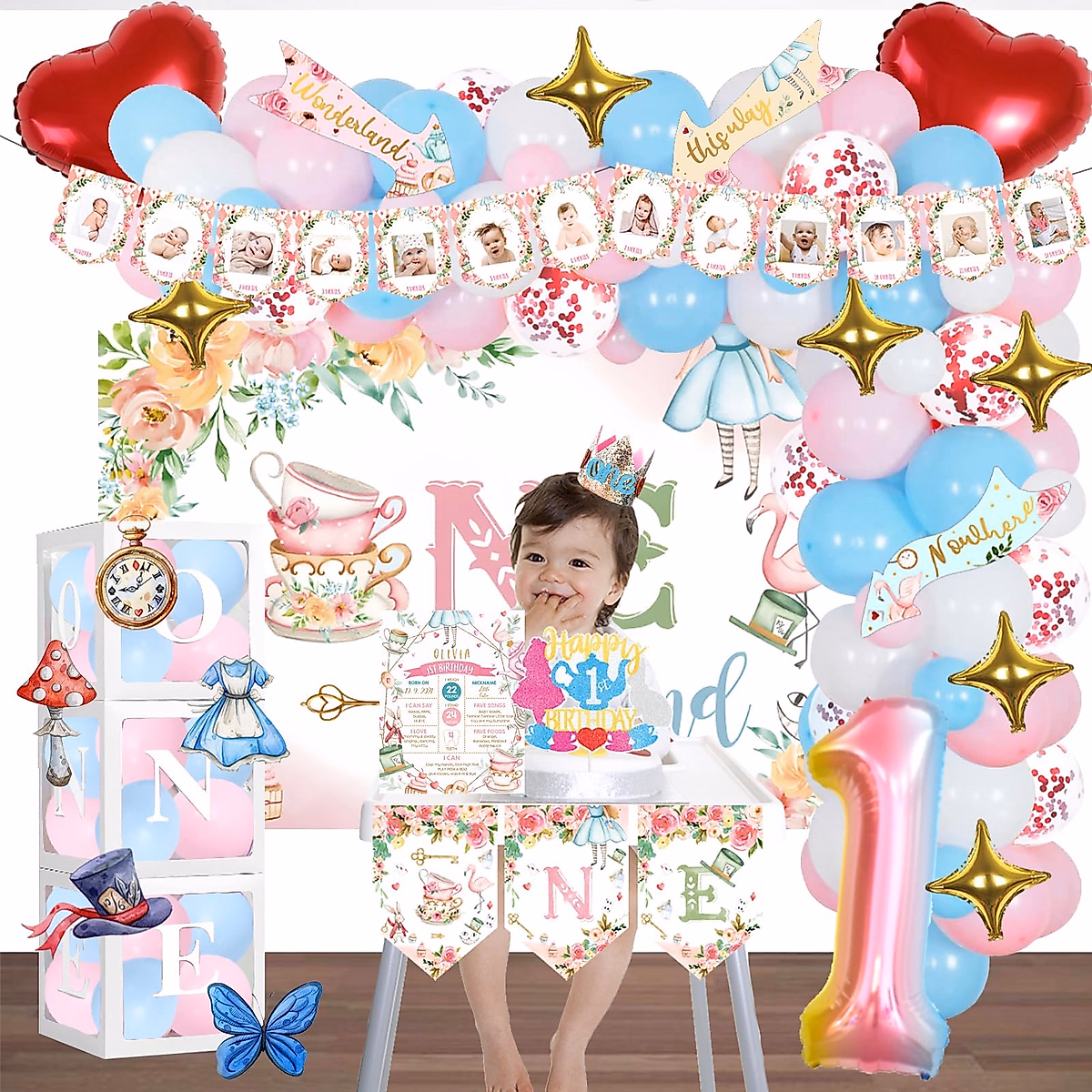 138 PCs Alice in Wonderland 1st Birthday Party Decorations, Hombae Alice in Onederland First Backdrop Balloon Garland Arrow Sign Monthly Photo Highchair Banner Box Cutout Cake Topper Crown Poster