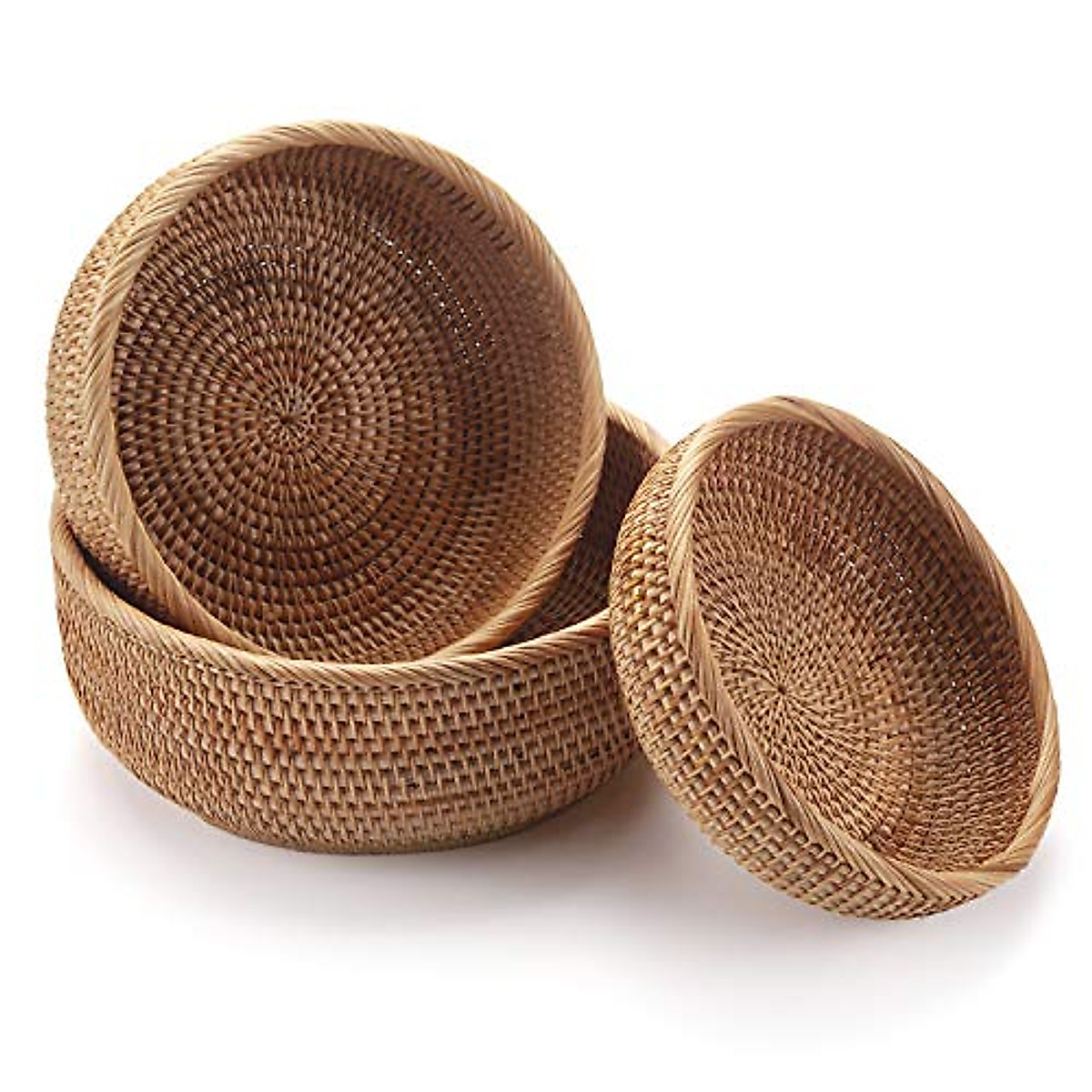 Round Rattan Fruit Baskets Woven Storage Bowls Key Holder Stackable for Shelf Kitchen Tabletop Natural Set of 3