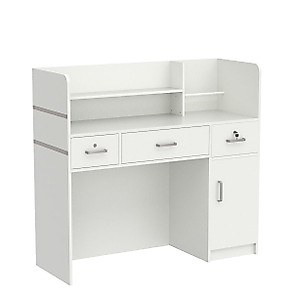 Homsee Modern Reception Desk with 3 Drawers, 1 Door Storage Cabinet & Hutch Shelf, Office Wooden Computer Desk, Writing Study Table PC Laptop Desk, White (47.3" L x 18.3" W x 43.3" H)