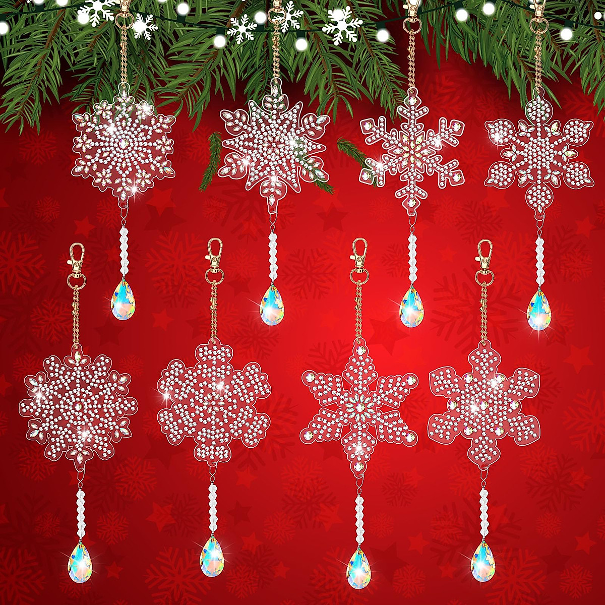 UPINS Snowflake Diamond Art Painting Kits, 8 Pcs 5D Christmas Diamond Art Ornaments DIY White Crystal Wind Chimes Ornaments for Christmas Tree Hanging Decor