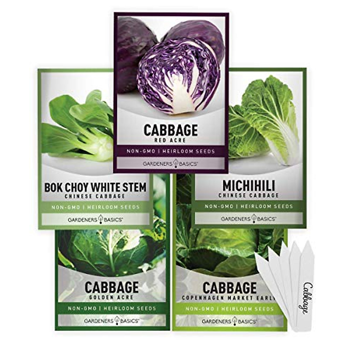Cabbage Seeds for Planting 5 Individual Packets Bok Choy, Michihili (Napa) Chinese Cabbage, Red, Golden Acre and Copenhagen Market Early for Your Non GMO Heirloom Vegetable Garden by Gardeners Basics