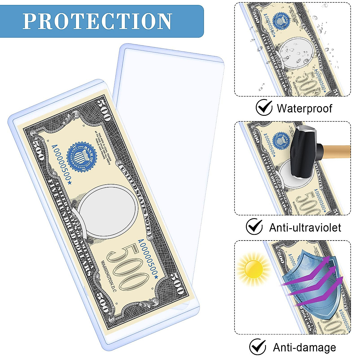 Bill Clear Holders Currency PVC Holder Transparent Bill Sleeves Currency Bill Display Holder for Regular Bills Protector Case Supplies, 6.9 x 2.95 Inch (10)