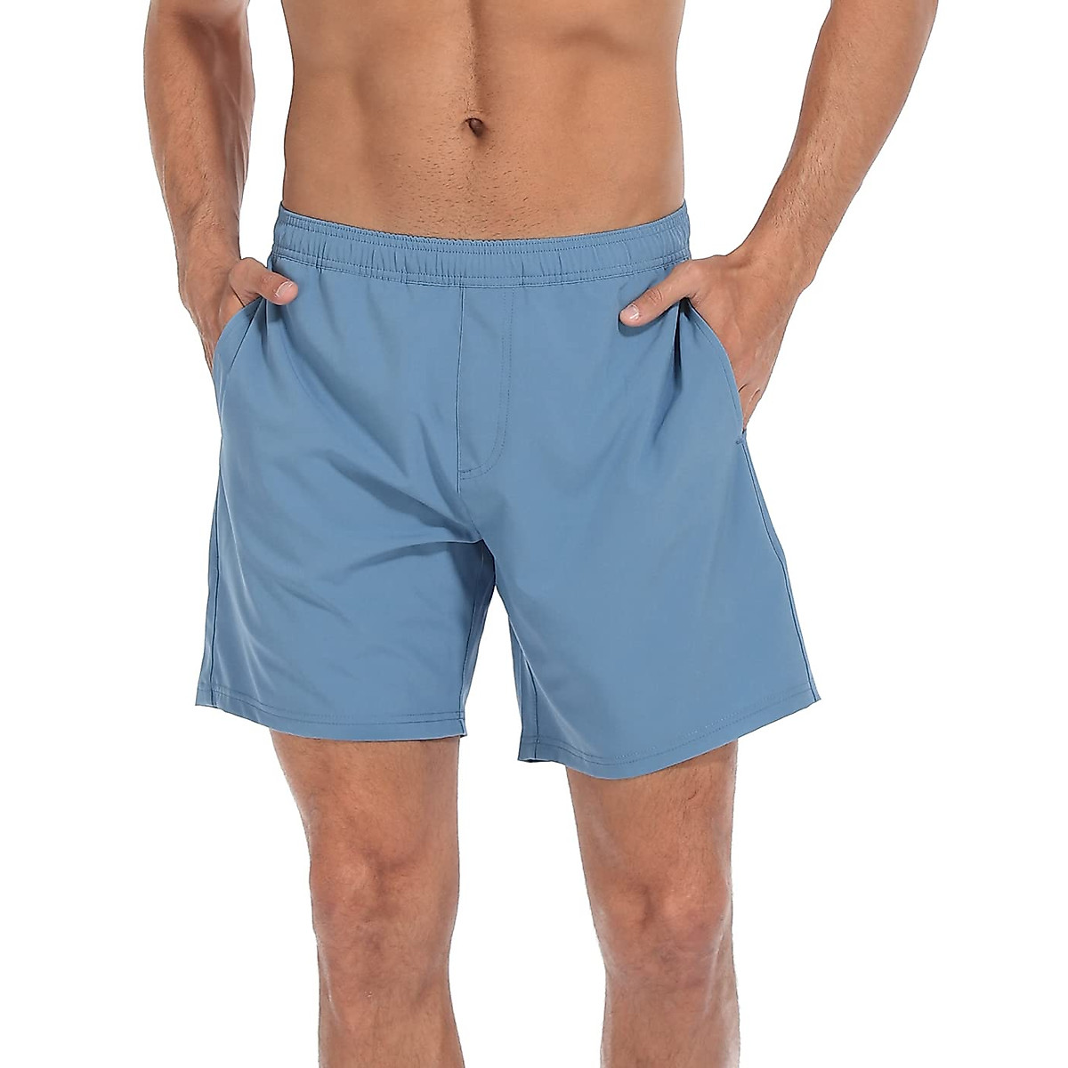 LRD Mens Athletic Workout Shorts with Compression Liner 7 inch Inseam Blue/Pink Surfer Dino - L