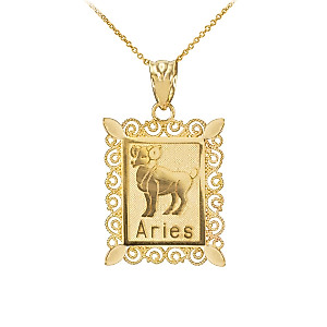 Fine 14k Yellow Gold Filigree-Style Rectangular Frame Aries Zodiac Sign Pendant Necklace, 20"