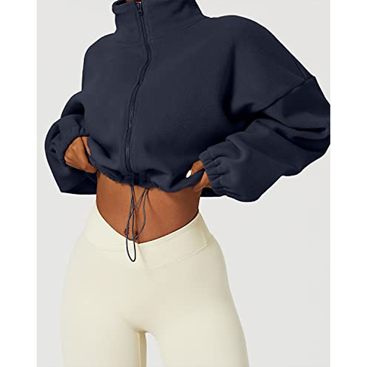 QINSEN Women's Full Zip Fleece Jacket Stand Collar Winter Warm Cropped Outwear Baggy Sherpa Short Coat Navy L