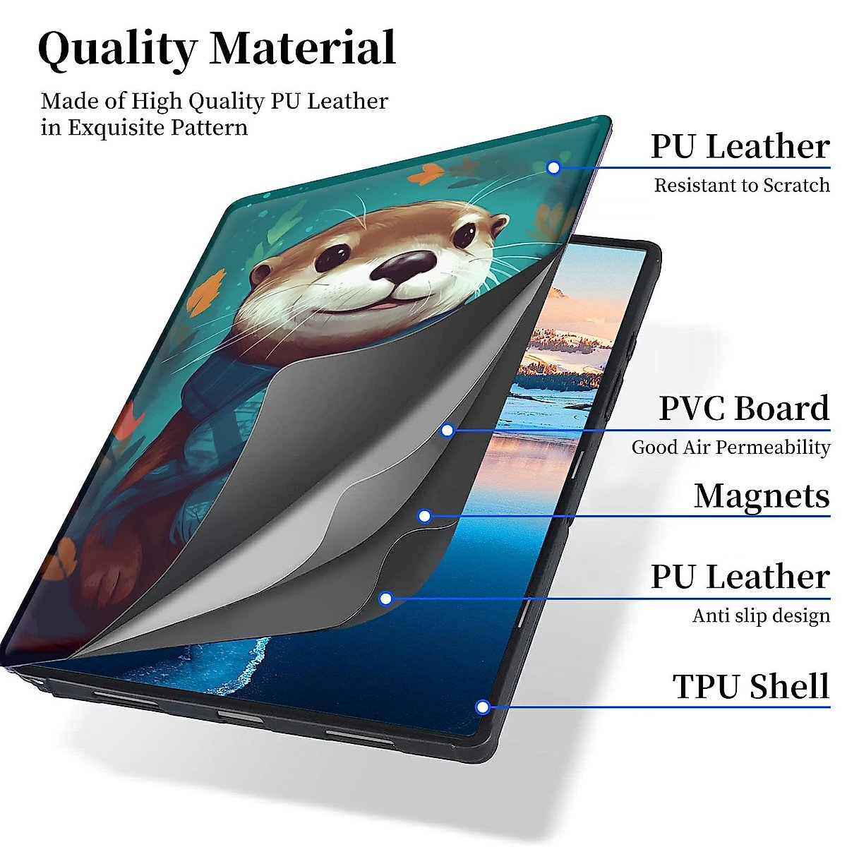 for Samsung Galaxy Tab S8 Plus 2022/Tab S7 FE 2021/Tab S7 Plus 2020 12.4" Tablet Case,PU Leather Slim Anti Slide Folding Stand Cover with Auto Wake/Sleep for Tab S8+/ S7 FE/ S7+,Happy Otter Scarf