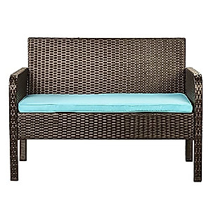 SAWQF 4 Pcs Patio Furniture Set Outdoor Rattan Sofa Seating Group Include 1 Sofa 2 Chair 1 Coffee Table Beige/Blue Cushions (Color : E)