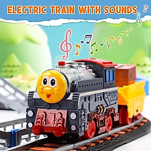 CUTE STONE Toy Train Set for Toddler, Train Track Set with Cars, Electric Train with Realistic Sound, Train Track Playset for 3 4 5 Years Old Girls & Boys