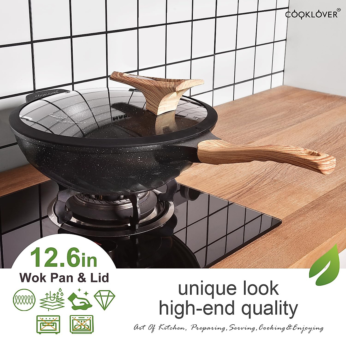 COOKLOVER Nonstick Woks And Stir Fry Pans Die-cast Aluminum Scratch Resistant 100% PFOA Free Induction Wok pan with Lid 12.6 Inch - Black