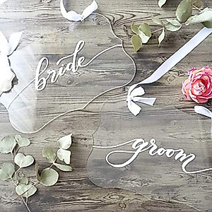 UNIQOOO Custom DIY Clear Blank Acrylic Hanging Sign | Elegant Wedding Chair Signs w/White Satin Ribbon for Bride & Groom | Perfect for Calligraphy Lovers Home Retail Store Party, 8x12 inch, Set of 4