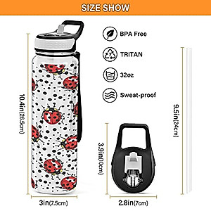 Wusikd Red Ladybugs Water Bottle Tritan BPA-Free Drink and Straw Leakproof Motivational Black Dot White Drinking Water Bottles with Carrying Strap for Office, Gym, Outdoor Sports