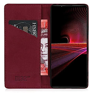 32nd Classic Series 2.0 - Real Leather Book Wallet Case Cover for Sony Xperia 1 III (2021), Real Leather Design with Card Slot, Magnetic Closure and Built in Stand - Burgundy