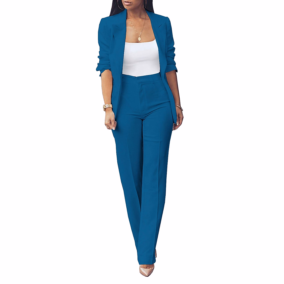 HuiSiFang Business Suit Set for Women Office Outfits Blazer Jackets + High Waist Straight Leg Pants