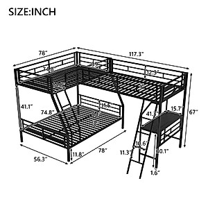 SOFTSEA Triple Bunk Bed with Desk, Heavy Duty Metal Bunk Bed Frame with Guardrails and Ladder, L Shaped Triple Bunk Bed for 3, No Box Spring Needed, Noise-Free, Twin Over Twin Over Full, Black