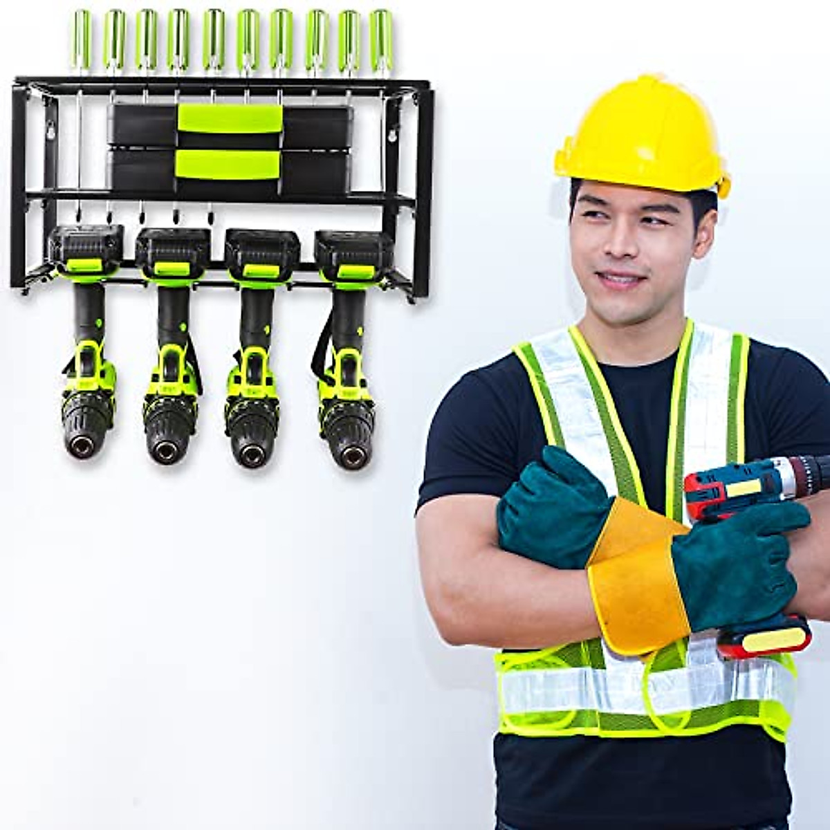 Power Tool Organizer, Drill Holder Storage Rack with Wall Mounted 4 Drill Slots 3 Layers Garage Tool Organizer Storage Wrench and Srewdriver Rack for Home and Workshop
