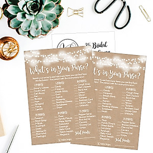 25 Rustic Whats In Your Purse Bridal Wedding Shower or Bachelorette Party Game Item Cards Engagement Activities Ideas For Couples Funny Co Ed Rehearsal Dinner Supplies and Decoration Favors For Guests