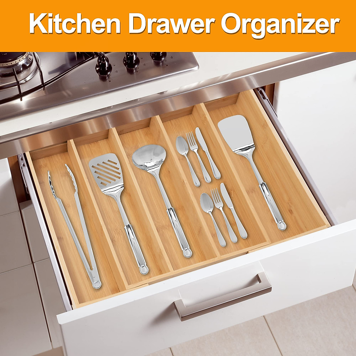 oridom Bamboo Silverware Organizer, Expandable Kitchen Drawer Organizer, Multi-Purpose Storage for Utensil Organizer, Large Capacity Cutlery Organizer in Drawer