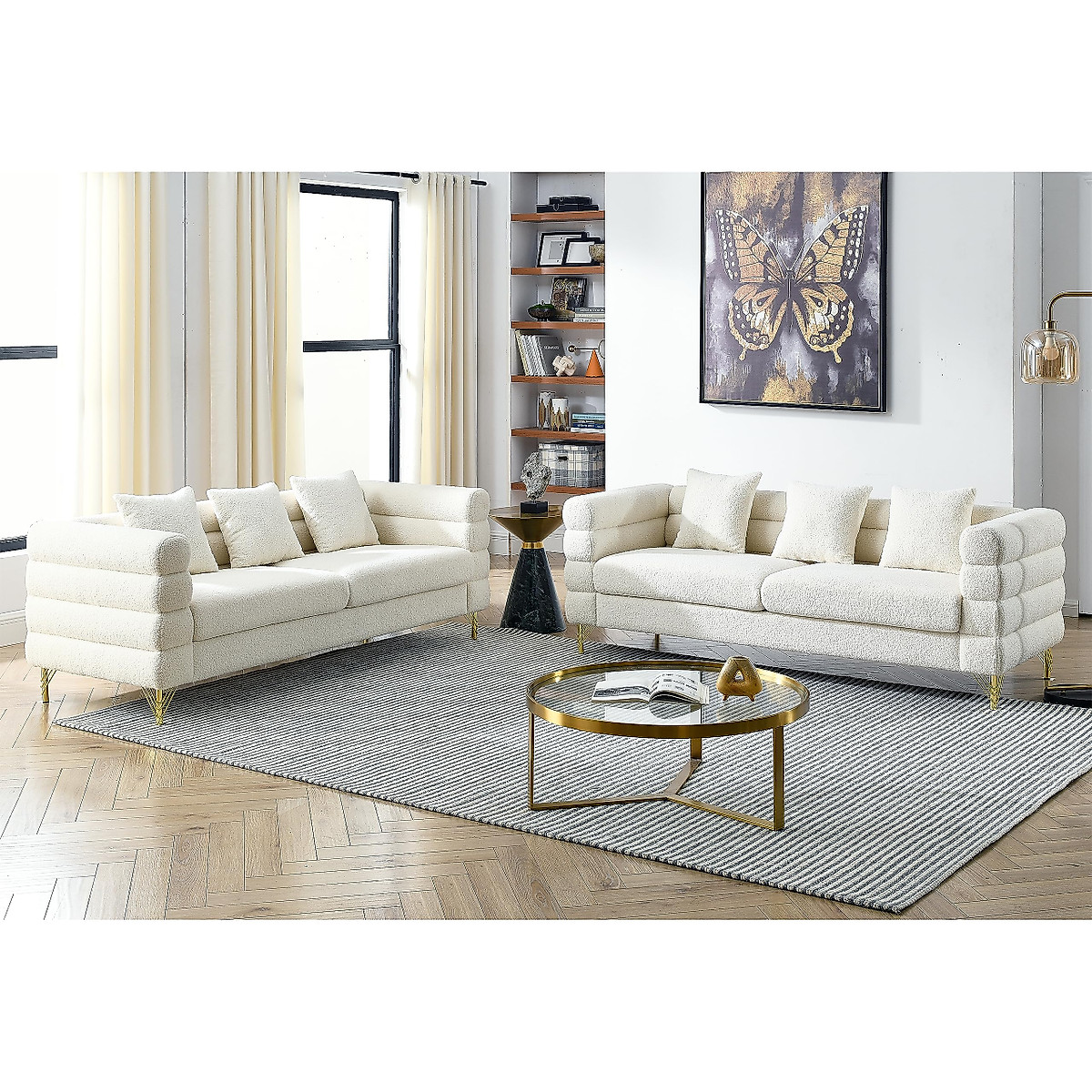 ATUMON Modern White 2 Pieces 81" 3-Seater Teddy Fabric Sectional Sofa Set,Comfort Fabric Sectional Sofa-Deep Seating Sectional Sofa with 6 Pillows,Solid Wood Frame+Gold Metal Legs…