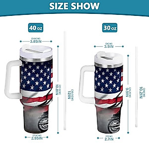 Motorcycle American Flag Vacuum Insulated Tumbler with Handle and Straw Lid for Water, Insulated Tumbler Cups 30 OZ / 0.89 L