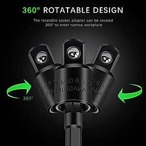 Impact Grade Driver Sockets Adapter Extension Set Drill Bit 3Pcs 1/4 3/8 1/2" 360°Rotatable Universal Socket Adapter Set+Right Angle Drill 105°Right Angle Screwdriver set Drill Hex Bit Socket Adapte