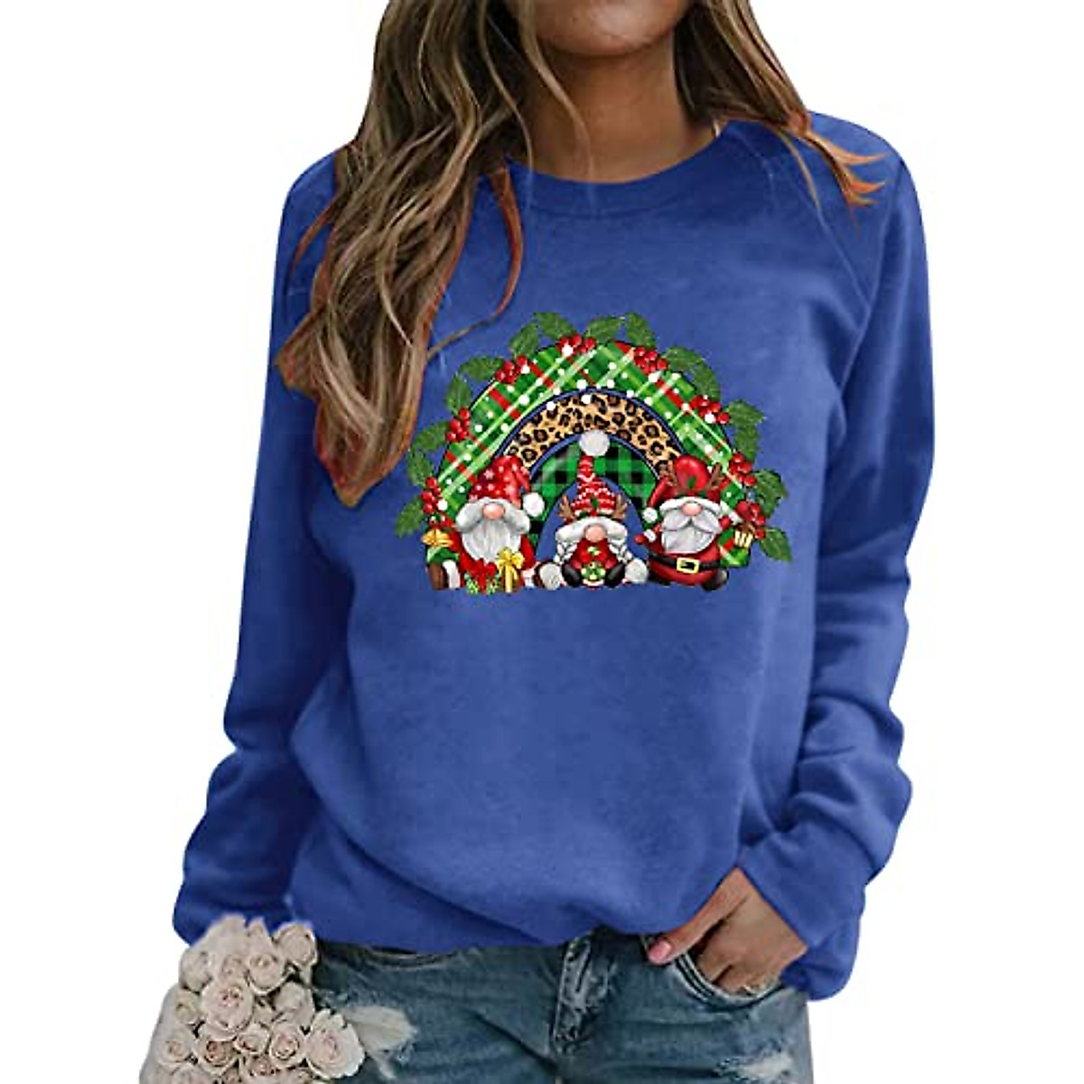 Christmas T Shirts for Women Long Sleeve Vintage Print Graphic Xmas Sweatshirt Crewneck Pullover Tops Ugly Sweater Blouses Blue