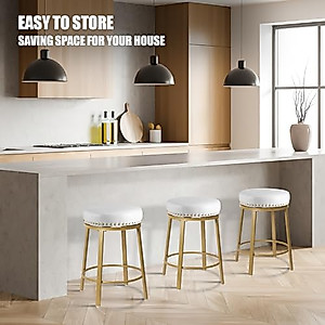 FLYZC White & Gold Bar Stools Set of 2 Counter Height 24 Inches Swivel Bar Stools for Kitchen Counter Island Backless Modern Gold Barstools Upholstered Faux Leather Round Counter Stools, White+Gold