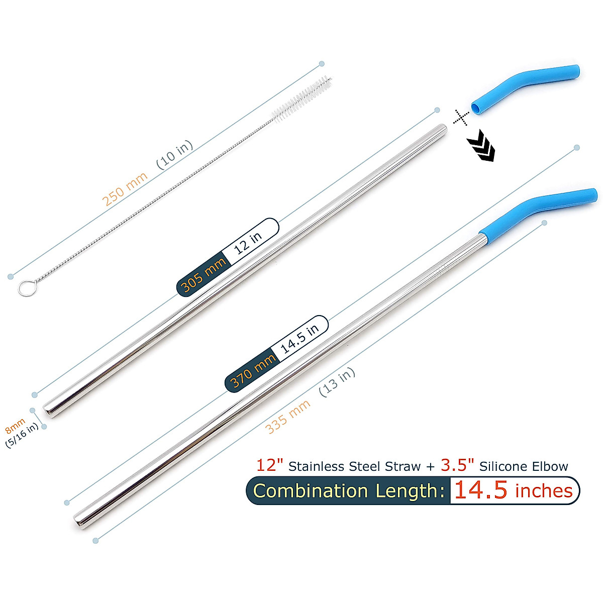 Big Drinking Straws Reusable 14.5" Extra Long 8mm Extra Wide Food-Grade 18/8 Stainless Steel Silicone Elbows Tips for Smoothie Milkshake Cocktail Juice Hot Drinks - Set of 4 + 2 Cleaning Brushes