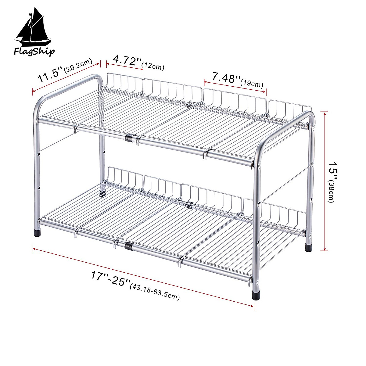 Flagship 2 Tier Under Sink Organizers and Storage Rack Expandable Cabinet Shelf Rack for Kitchen Bathroom Silver (16-25 inches)