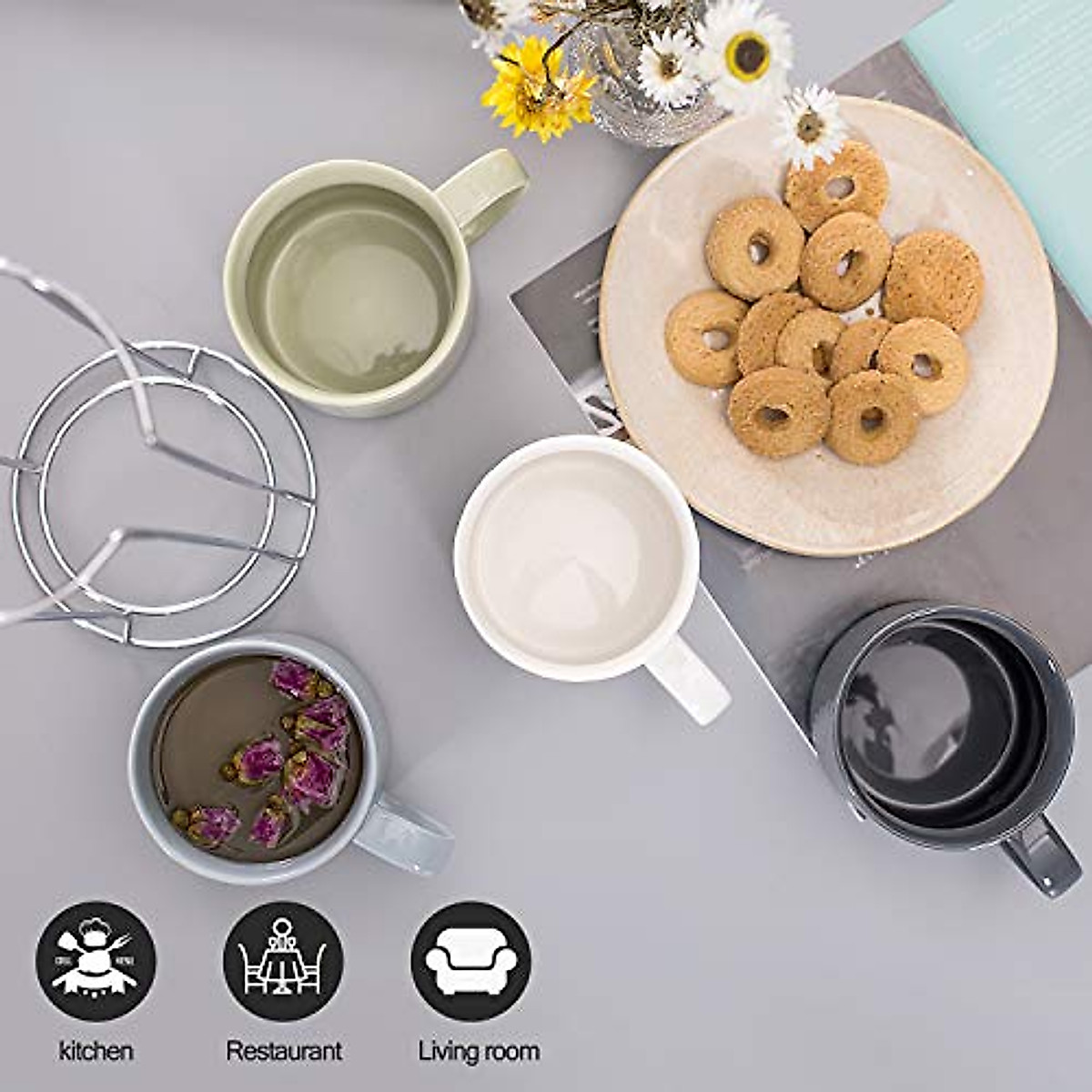 Hasense Stackable Porcelain Coffee Mugs Set of 4 with Metal Stand, 15 Ounce Embossed Cappuccino Cups for Specialty Coffee Drinks and Tea, Multi Color