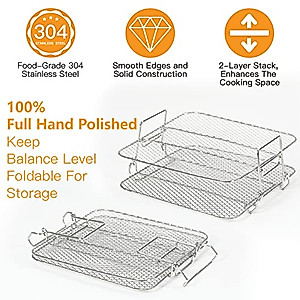 XIFEPFR Air Fryer Rack for COSORI Air Fryer 5.8Qt, 8 inch Square Double Stackable Racks, 304 Stainless Steel Multi-Layer Dehydrator Rack Air Fryer Accessories with Cooking Tongs Parchment Paper Liners