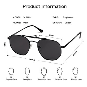 VANLINKER Retro Polarized Sunglasses for Women Men Vintage Shades UV400 Polygon Mirrored Lens VL9689 Black Frame Grey Lenses