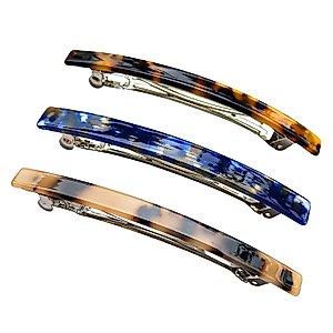 HYFEEL Long French Barrettes for Women Simple Classic Acrylic Resin Hair Clips Tortoise Shell Skinny Large 4 inch No-slip Grip Automatic Clasp Clamp For Thick Hair, 3 Pack