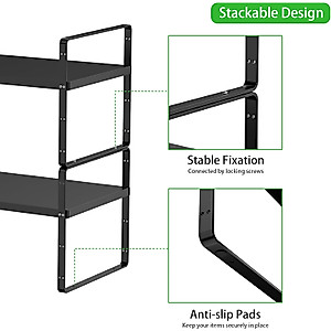 GEDLIRE Expandable Kitchen Cabinet Shelf Organizers 2 Pack, Stackable Metal Pantry Storage Shelves Rack, Adjustable Counter Shelf for Cabinets, Countertop, Cupboard Organizers and Storage, Black