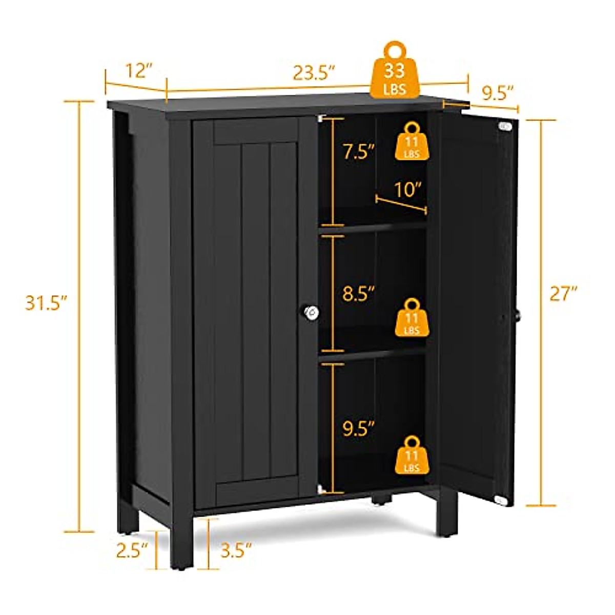 Tangkula Bathroom Floor Cabinet, with Double Door & Adjustable Shelf, 3 Tier Wooden Bathroom Storage Cabinet for Home Office, 23.5 x 12 x 31.5 Inches (Black)