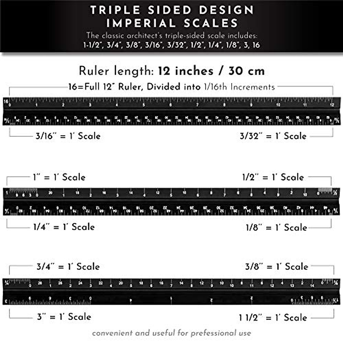 12-Inch Architectural and Engineering Scale Ruler Set (Imperial) | Laser-Etched Aluminum Triangular Drafting Tool | for Architect and Civil Engineer Blueprints | Standard Metal Ruler Included