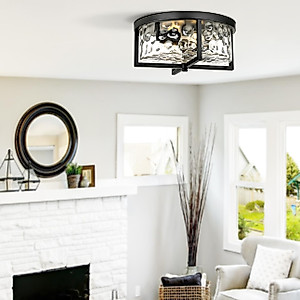 Odeums Indoor Flush Mount Lights, 2-Lights Interior Exterior Ceiling Lights Fixture, Antique Bronze Finish with Clear Hammered Glass