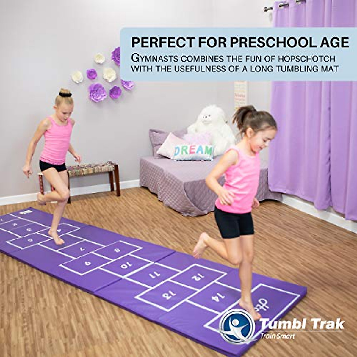 Tumbl Trak Hopscotch Mat, Purple with Hopscotch Squares on One Side and Numbered Line on the Other Side for Long Jump, 3-Feet Width x 12-Feet Length x 1-3/8-Inch Height