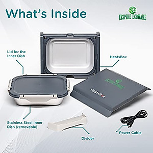 Inspire Ecoware Heatsbox, Smartphone Controlled Self Heating Hot Bento Box, Heats & Cooks Meals, Food Storage Containers, Portable Lunch Containers, 110V, Stainless Steel Tray and Lid