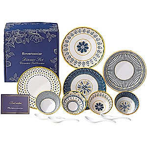Binvertaocier 12-Piece Porcelain 27 Oz Plates and Bowls Sets for 4 with Spoons,Ceramic Dinnerware Set of 4,8 Inch Pasta Bowls Set for 4,Salad Plates,Pasta Plates Dinner Bowls,Gifts for Housewarming