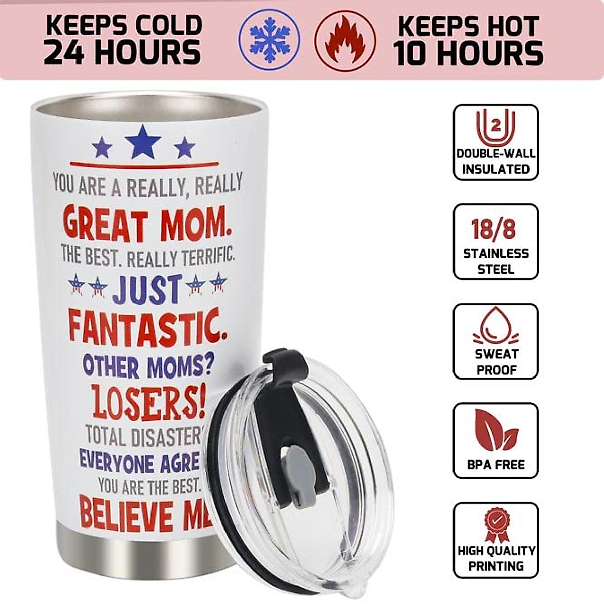 AREOK Mothers Day Gifts for Mom from Daughter Son, Best Mom Ever Gifts - Great Mom Mother Gifts, Mothers Day Birthday Tumbler Gift for Mom, 20 Oz Mom Tumbler Cup
