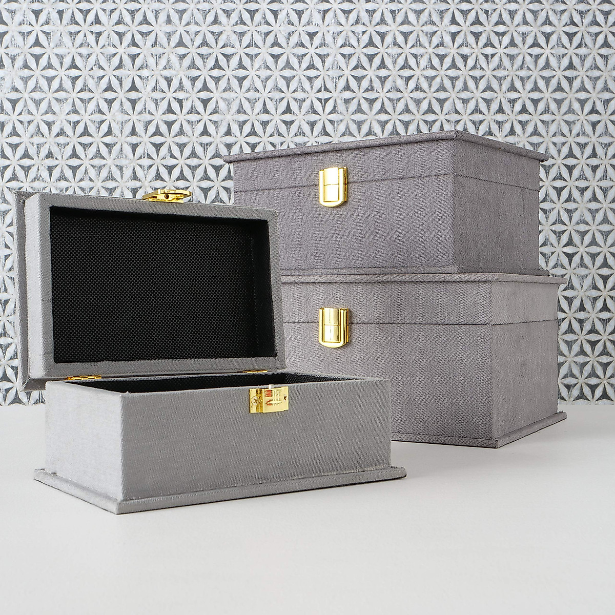 WHW Whole House Worlds Grey Flannel Boxes, Set of 3, Grey, Gold Flip Latch Locks, Table Top, Lined, Organizers, Wood, 10.25 x 7.75, 8.75 x 6.25, and 7 x 4.75 Inches
