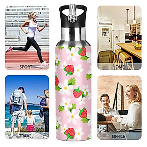 xigua 20oz Pink Strawberry White Flower Insulated Sport Water Bottle with Straw Lid Stainless Steel Vacuum Cup Leakproof Thermal Bottles 600ml