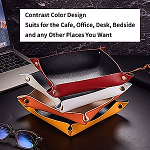VOMANA Leather Valet Tray for Men Women, Small Leather Catchall Tray Desk Organizer, Key Tray for Entryway Table, Collapsible Travel Snap Tray, EDC Dump Tray (Orange+ Almond)