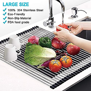 G-TING Dish Drying Rack 17.6" x 16", Over Sink Roll Up Large Dish Drainers Rack, Multipurpose Foldable Kitchen Sink Rack Mat Stainless Steel with Silicone Rims for Dishes, Cups, Fruits Vegetables