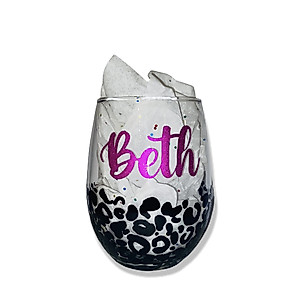 Jemley Personalized Gifts | Wine Glass Leopard Print Custom Name | Personalized Gift for Her | Cheetah Stemless Wine Glass 20oz - Handmade