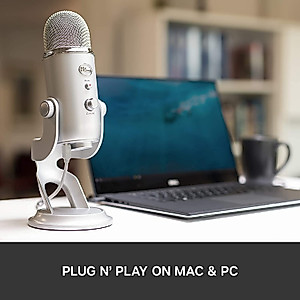 Blue Yeti USB Mic for Recording & Streaming on PC and Mac, 3 Condenser Capsules, 4 Pickup Patterns, Headphone Output and Volume Control, Mic Gain Control, Adjustable Stand - Silver (Renewed)