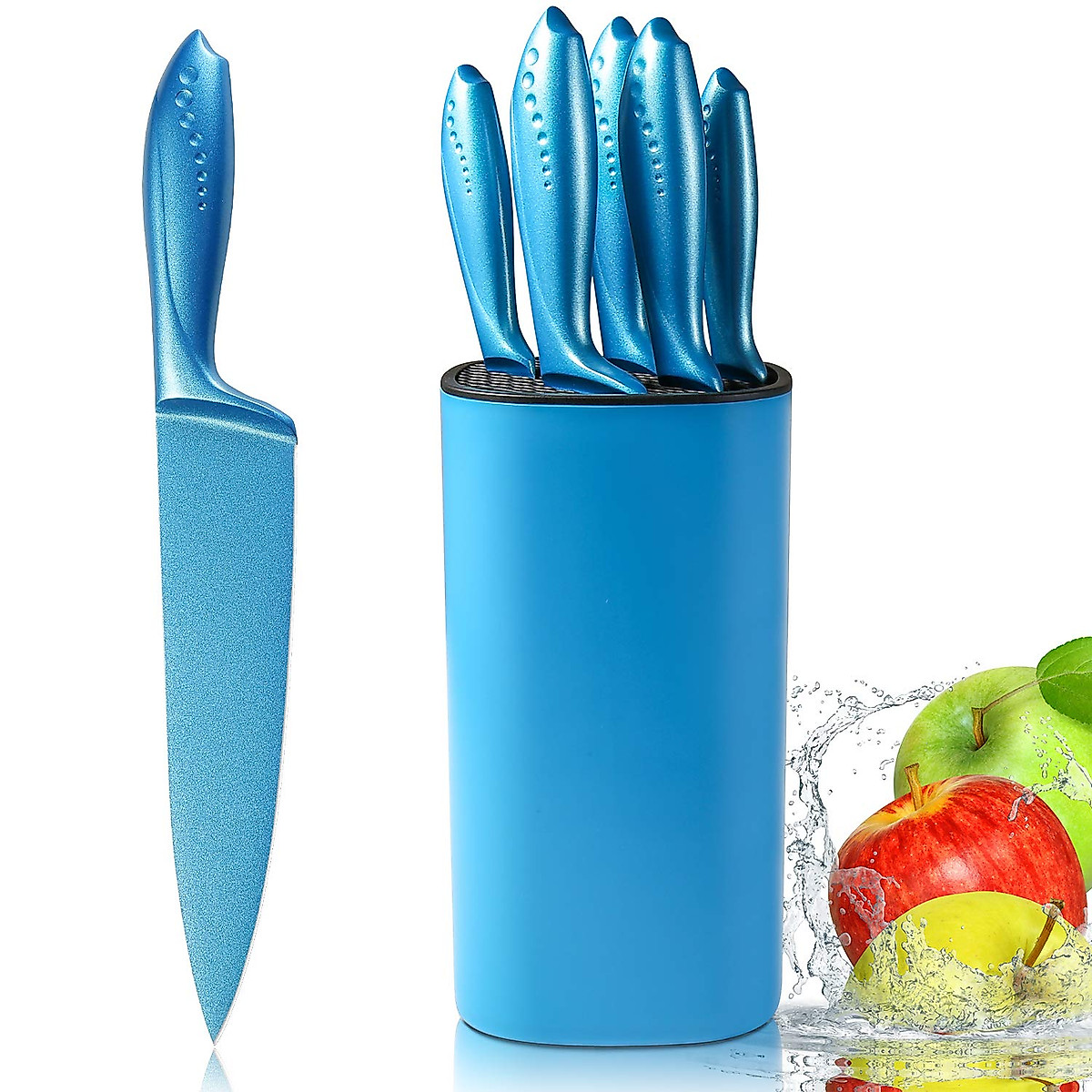 WELLSTER Blue Kitchen Knife Set with Block, 6 Pieces Knives Universal Holder Set, German Stainless Steel Blade Non-Stick Coated Chef Carving Bread Utility Paring Knives