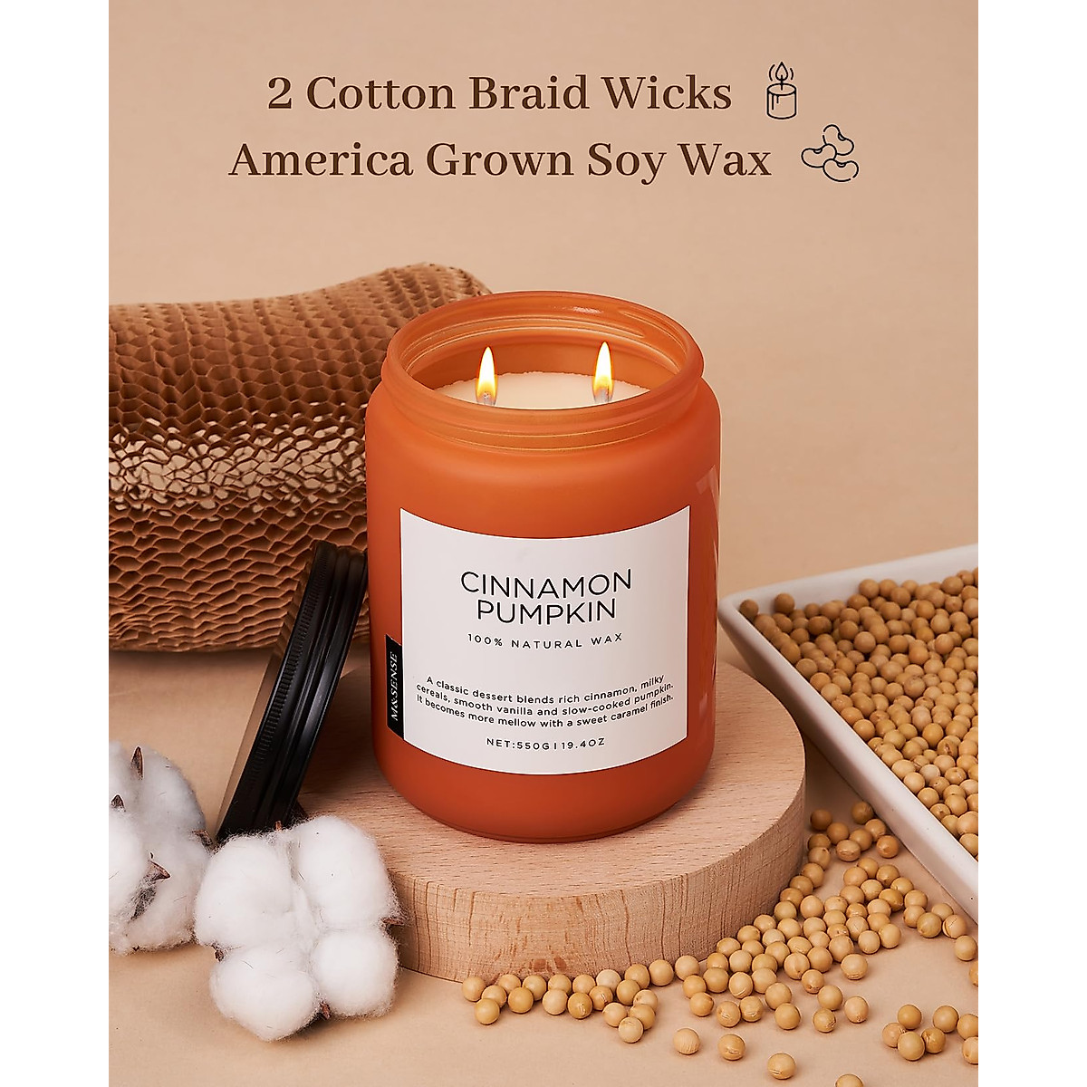 M&SENSE Cinnamon Pumpkin Scented Fall Candles, Double Wick Large Soy Natural Candles 19.4oz 110 Hours Long Lasting Slow Burning, Halloween Autumn Candle Gift Home Decor MSS603L07