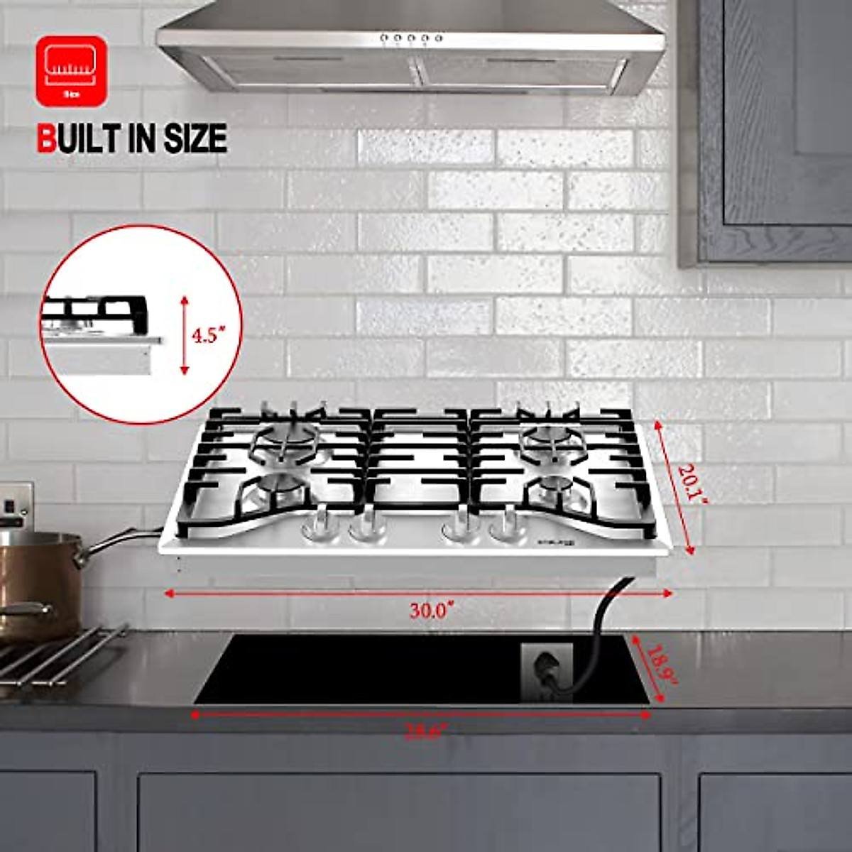 30 Inch Gas Cooktop, GASLAND 4 Italy Sabaf Sealed Burner Gas Stovetop, 30 inch Drop in Gas Range Cooktop,28,300 BTU NG/LPG Convertible,Heavy Duty Cast Iron Grates with Metal Knobs